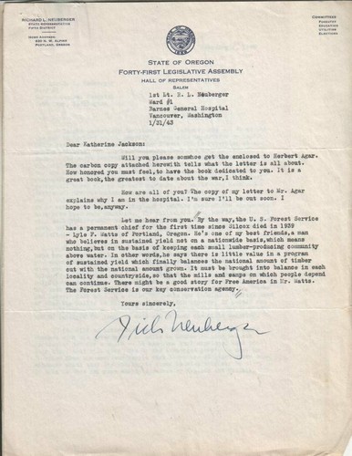 Richard Neuberger Autographed Letter 1943 Journalist / Oregon ...