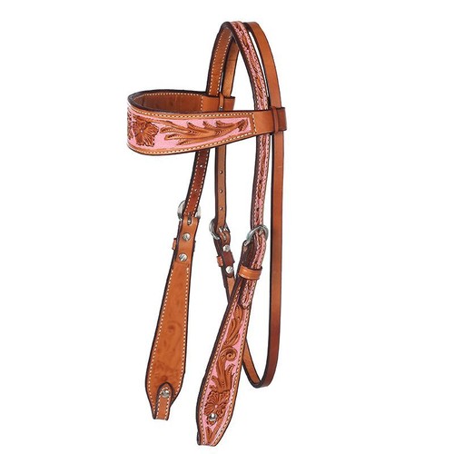 Western Natural Leather Hand Carved Brow band Style Headstall with Pink ...