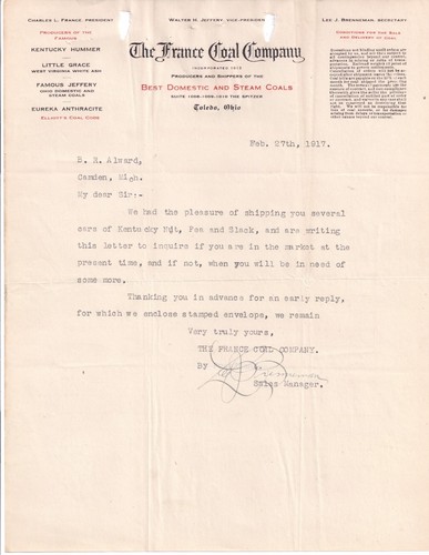 1917 THE FRANCE COAL COMPANY Toledo OHIO Charles L. France LEE J ...