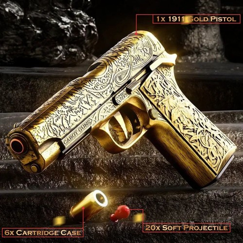 Gold 1911 Toy Pistol – Carved Design, Blowback, Rubber Bullet Shell ...
