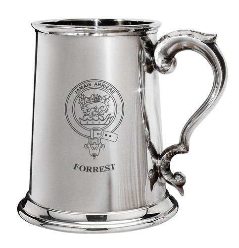 Forrest Family Crest Polished Pewter 1 Pint Tankard with Scroll handle ...