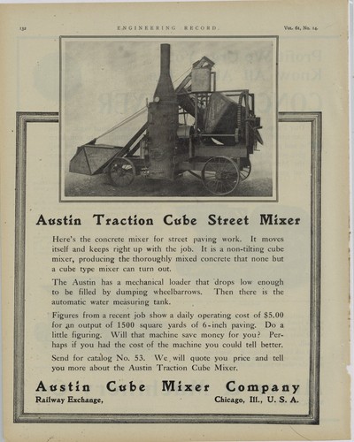 1910 Austin Cube Mixer Co. Ad: Traction Cube Street Mixer - Chicago ...