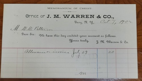 Billhead 1902 JM Warren Troy Patterson New York | eBay