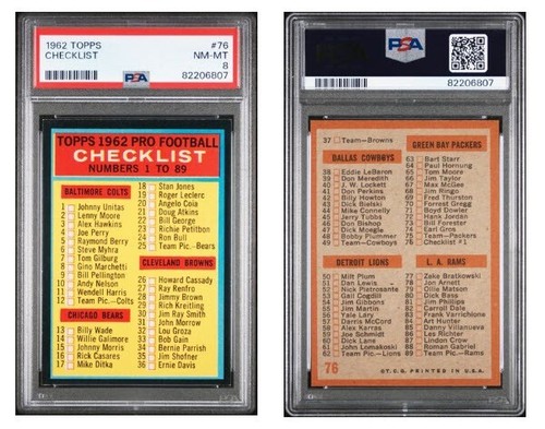 1962 Topps Checklist #76 PSA 8 NM MT Jim Brown Johnny Unitas | eBay