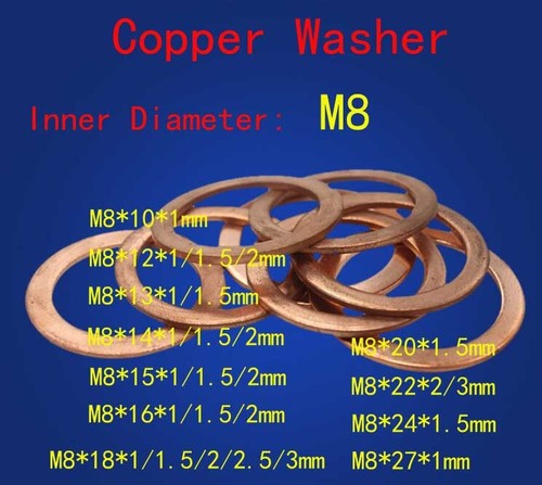 M8 10mm-27mm OD Copper Washers Round Washer Flat Gasket 1/1.5/2/2.5/3mm ...