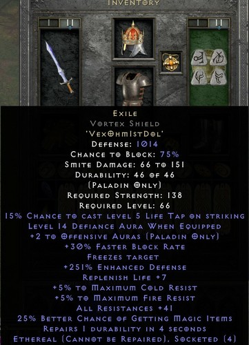 Diablo 2 resurrected D2r Vortex Exile Ethereal Paladin Shield Softcore ...