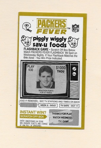 1990 Piggly Wiggly Game Card Don Bracken, $1000 Packers Fever, Week 6 ...