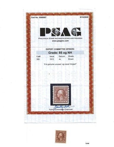 U S Stamps Scott 395 four cent Washington coil MNH XF85 PSAG ...