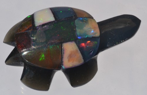 MEXICAN BLACK OBSIDIAN TURTLE MULTI-COLOR MOSAIC FIRE OPAL SHELL STONE ...