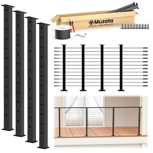 Muzata 15-20FT Modular Black Cable Railing Kit 42 Inch 4 Level Post Kit ...