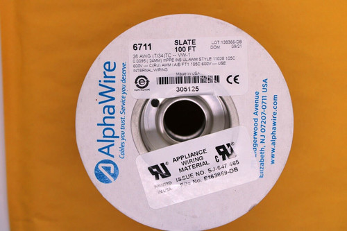 AlphaWire 6711 Wire, 26 AWG 7/34" 100' Spool, Slate/Grey HOOK-UP STRND ...