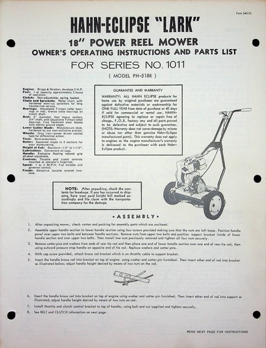 18" Lark Power Reel Mower 1011 Hahn Eclipse Lawn Operating Manual Parts ...