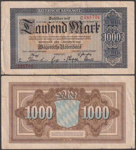 Germany - Bayerische - Bavaria, 1,000 Mark, 1922, VF++ (tiny edge notch ...