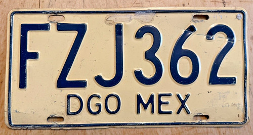 DURANGO MEX MEXICO MEXICAN AUTO LICENSE PLATE " FZJ 362 " UNDATED | eBay