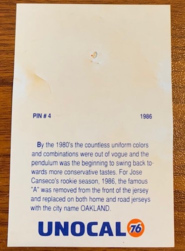Unocal Paper Sleeve Pin #4 1986 Oakland A's Free Shipping | eBay