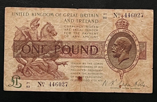 1923 BRITISH £1 ONE POUND TREASURY NOTE, WARREN FISHER, T-31, FINE ...