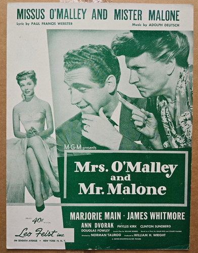1950 PHYLLIS KIRK FILM sheet music MRS O'MALLEY & MR. MALONE Marjorie ...