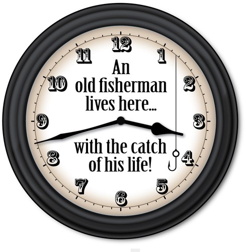Old Fisherman FUNNY Wall Clock - Cabin Cottage Country Fishing Hook ...