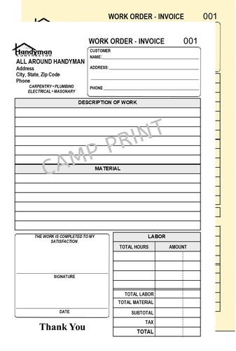 200 HANDYMAN WORK ORDER INVOICE - NUMBERED 2 PART CARBONLESS | eBay