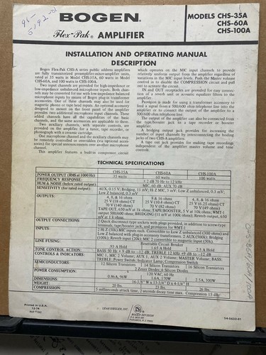 Bogen Owner Operation Manual ~ CHS 35A 60A 100A Amplifier ~ Schematic ...