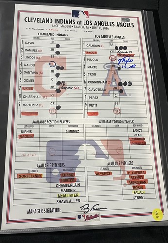 Mike Trout Game Used Signed 6/12/16 Indians @ Angels Lineup Card MLB ...