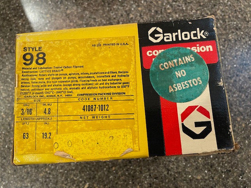 Garlock Compression Packing #98, 3/16", 1 lb, about 62 ft | eBay