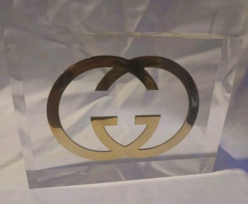 Gucci Lucite Logo Store Display Brass Gold Gg Clear Plastic Block ...