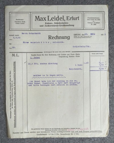 Invoice Max Leidel Erfurt Cocoa Chocolate Lollypop Candy Confectionary ...