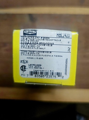 Hubbell Twist Lock 20a 250 VAC 3 Poles Receptacle HBL2420 for sale ...