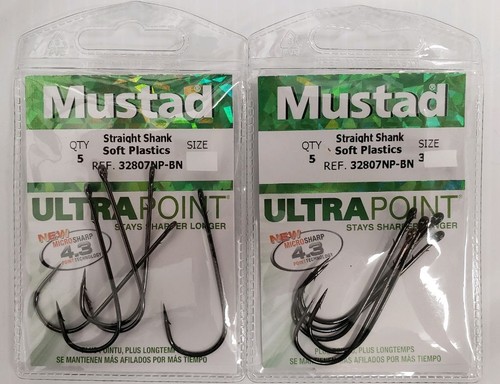 2- Mustad Straight Shank Worm Hook, Flipping Hook, 5 pack 2x5 Choose ...