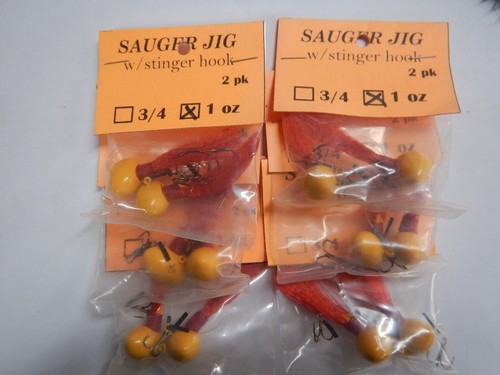 Sauger Jigs 1oz With Stinger Hook 1 dozen School bus Yellow Head, Red ...