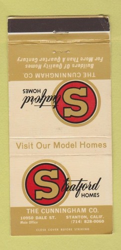 Matchbook Cover - Stratford Homes Cunningham Stanton CA WORN 30 Strike ...