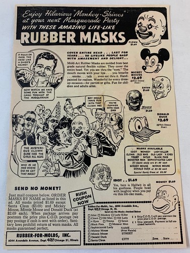 1950 b+w ad page ~ AMAZING RUBBER MASKS Mickey Mouse,Satan,Donald Duck ...