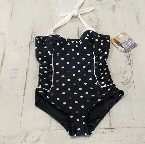 Coco Rave Halter One Piece Swimsuit Polka Dot Black Ruched M 34B Cup | eBay
