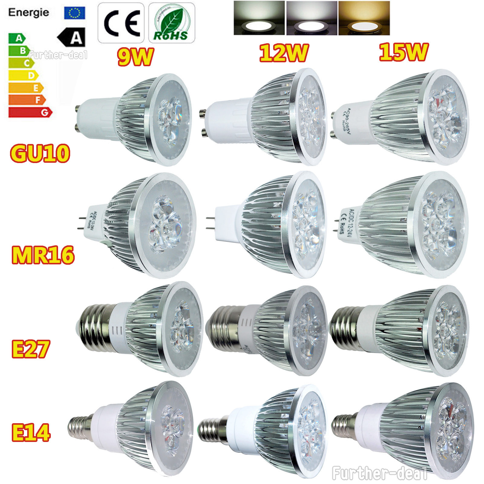 LED Bright Globe Spot Light GU10 MR16 6W 9W 12W 15W 220V 12V Downlight ...