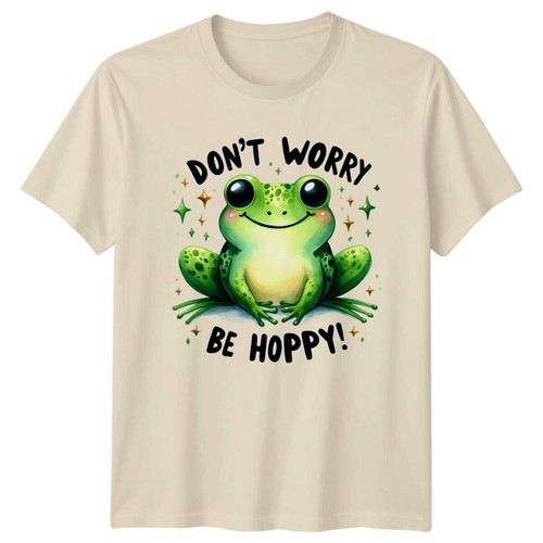 Dont Worry Be Hoppy! Frog Pun Cartoon Graphic T-Shirt | eBay UK