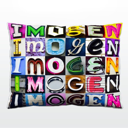 Personalized Pillow featuring the name IMOGEN in photos of sign letters ...