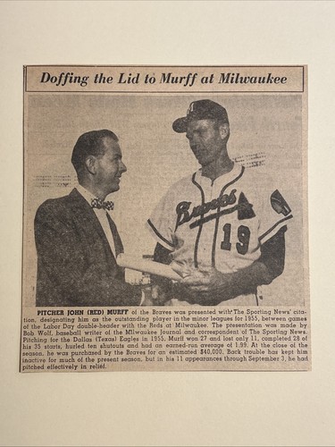 Red Murff Milwaukee Braves Bob Wolf Writer 1956 Sporting News Baseball ...