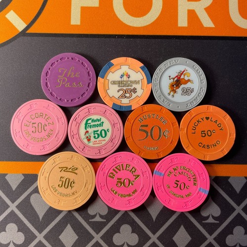 Lot of 10 fractional 5 25 50 cent casino chips Fremont Gold Coast Rio ...