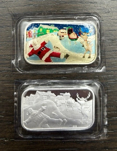 CMG Mint Merry Christmas Drunk Santa 2x 1 Oz .999 Silver Art Bar Set ...