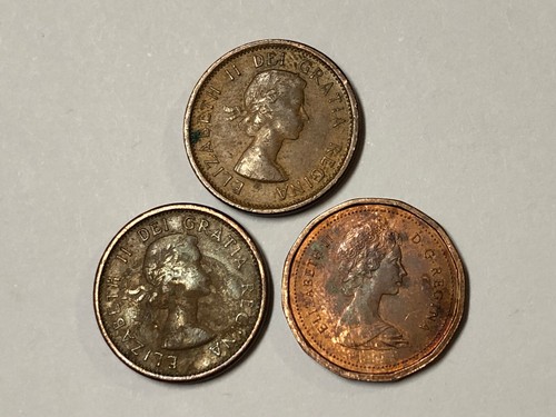 Lot of 3 (1963, 1963, 1982) CANADIAN PENNY CANADA ONE 1 CENT QUEEN ...