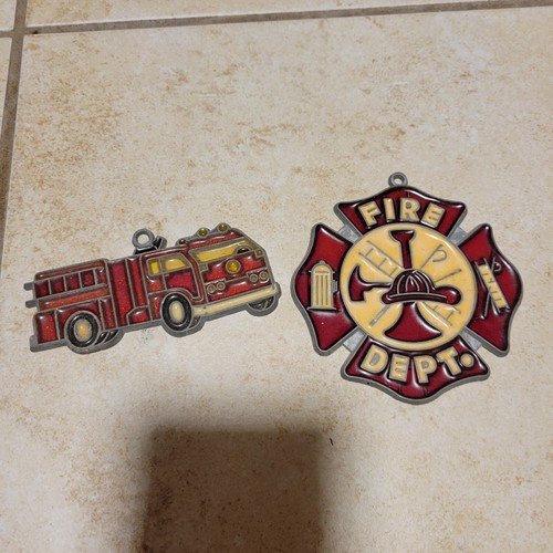 Lot of 2 Vintage Firefighter Suncatchers Fire Dept Symbol Fire Engine ...