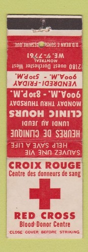 Matchbook Cover - Red Cross Montreal QC Blood Donor Centre WEAR | eBay