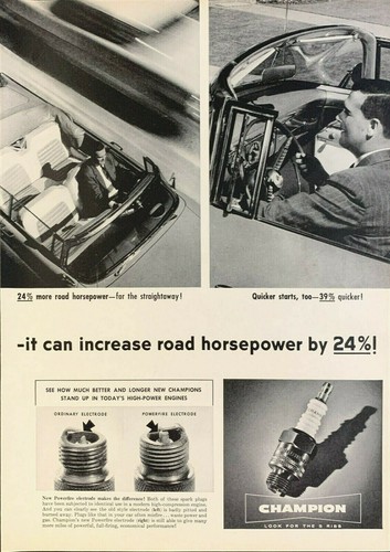 Vintage 1956 Champion Spark Plugs Increase Horsepower Print Ad ...