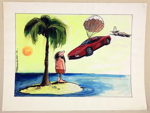 1985 Howard Shoemaker "Air Dropping Ferrari" ORIGINAL Pen & Ink ...