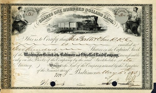 1883 Washington Branch of Baltimore & Ohio RR Stock Certificate | eBay