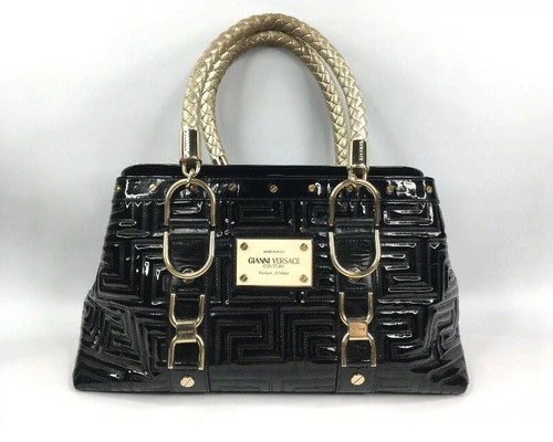 GIANNI VERSACE Couture Black Patent Leather Quilted Bag With Greek Key ...