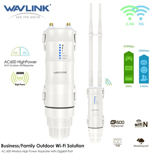 Wavlink AC600 High Power Outdoor AP 2.4G+5G WIFI Repeater Extender ...