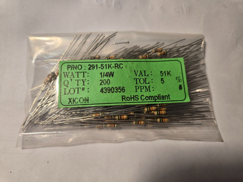 lot of 200 Carbon Film Resistors 51 kOhm 1/4 W 5% Axial Solder Leads ...