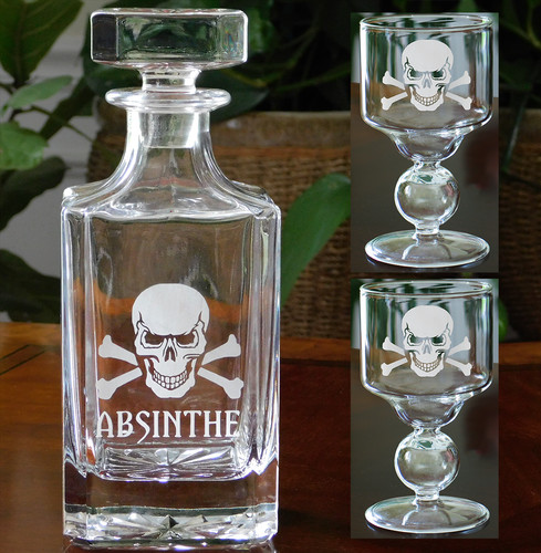SKULL ETCHED DECANTER BUBBLE RESERVOIR ABSINTHE GLASS SET | eBay